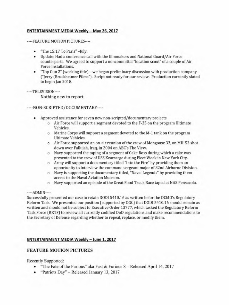 DOD Entertainment Weekly Reports | PDF | United States Navy | United ...