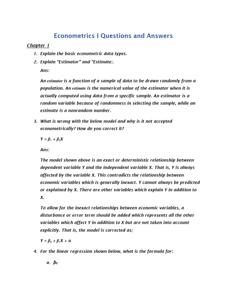 Econometrics I Questions And Answers Pdf