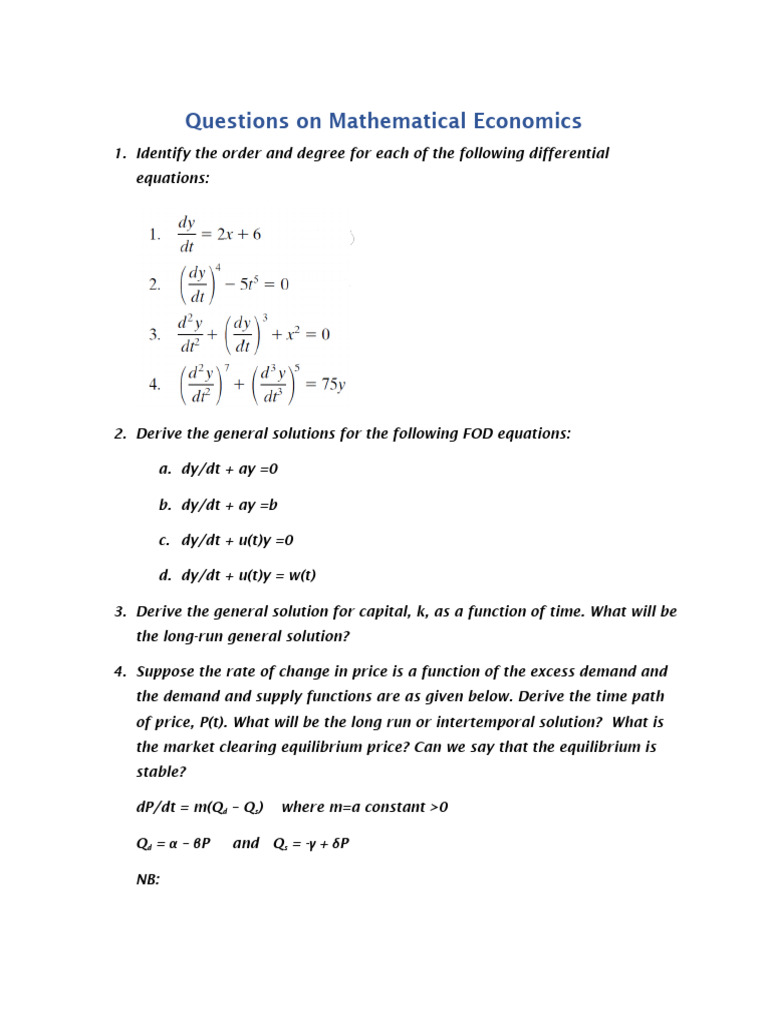 Mathematical Economics Problem Set | PDF | Economic Equilibrium | Demand