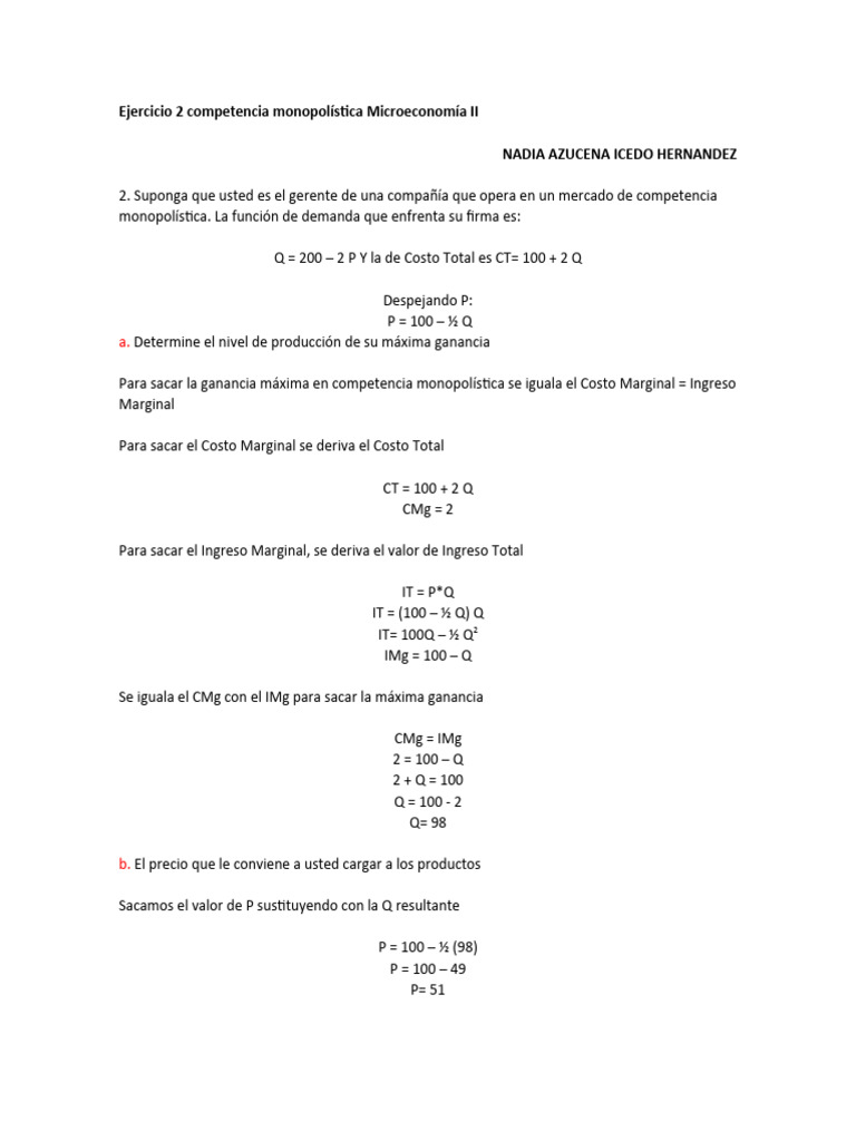 Tarea Ejercicio 2 | PDF | Monopolio | Microeconomía