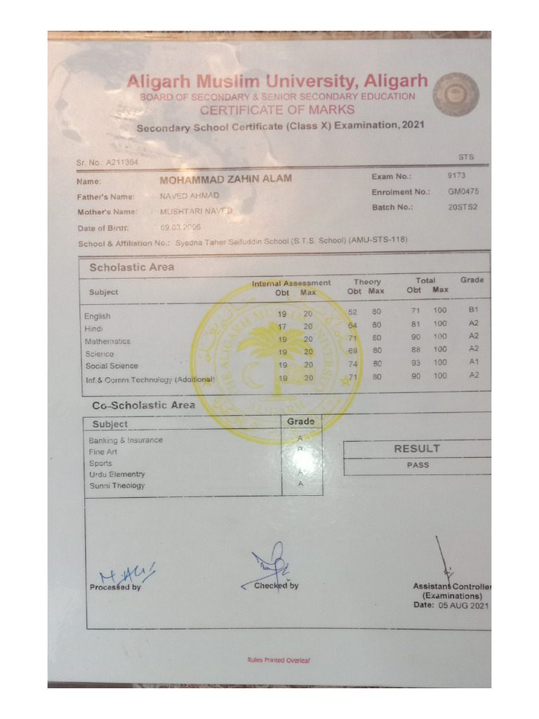 Class X Marksheet Pdf