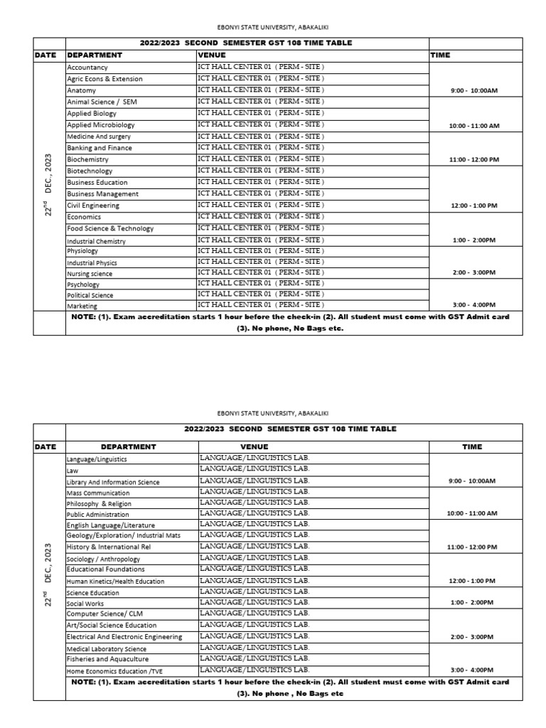 EBSU GST 108 Exam Schedule | PDF | Linguistics | Science