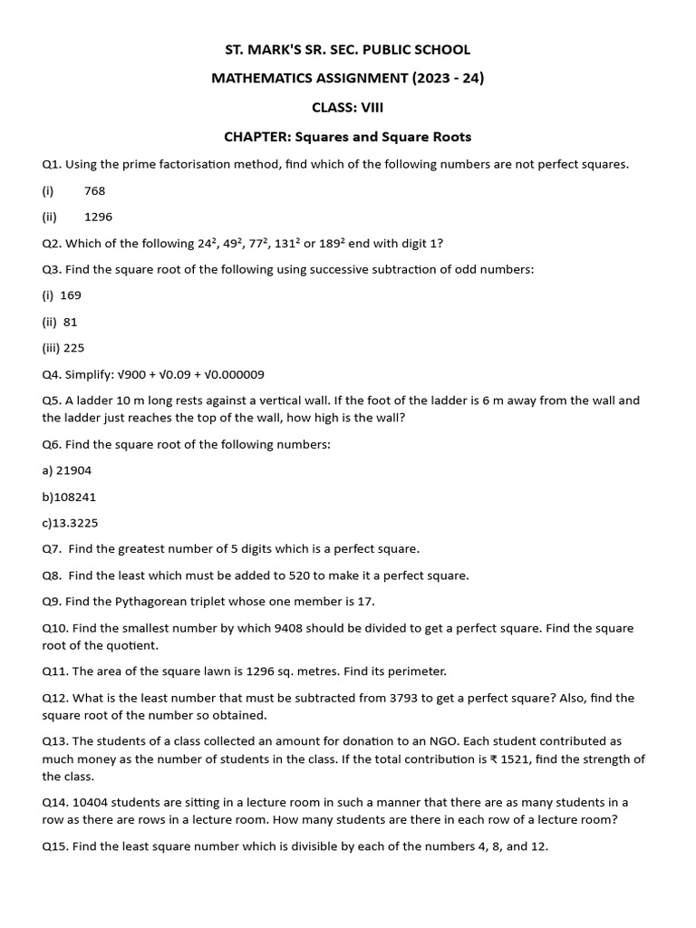 Class VIII - Assignment - Squares and Square Roots - 2023-24 | PDF