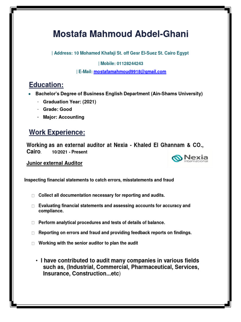 Mostafa Semi Senior Auditor CV 1 | PDF