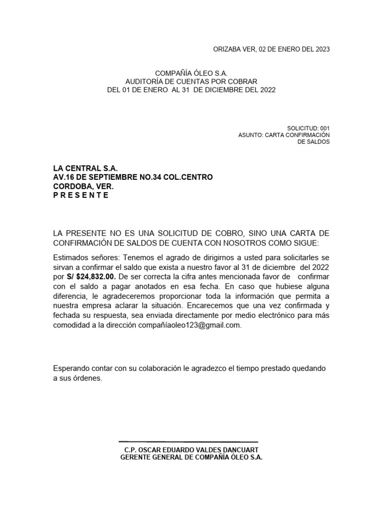 Cartas de Solicitud de Confirmacion de Saldos | PDF | Business
