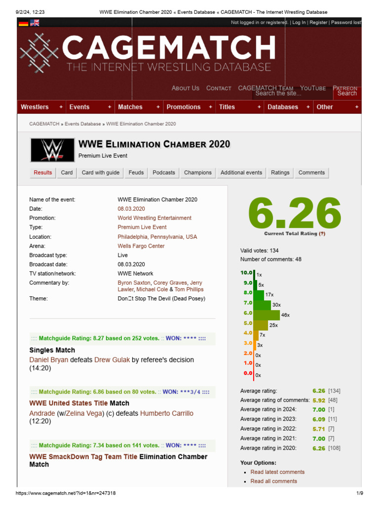 WWE Elimination Chamber 2020 Events Database CAGEMATCH - The Internet Wrestling Database | PDF ...