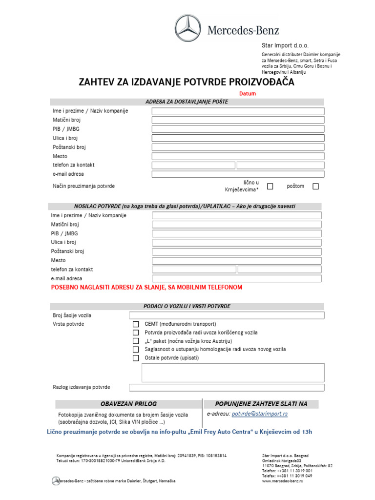 Zahtev Za Izdavanje Potvrde Proizvodjaca | PDF