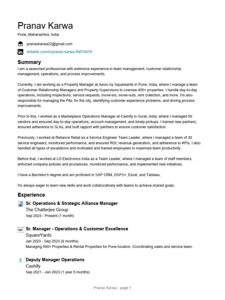 Resume Pranav Karwa Pdf Customer Relationship Management