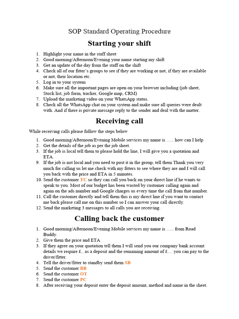 SOP Standard Operating Procedure For All Staff | PDF | Service Industries