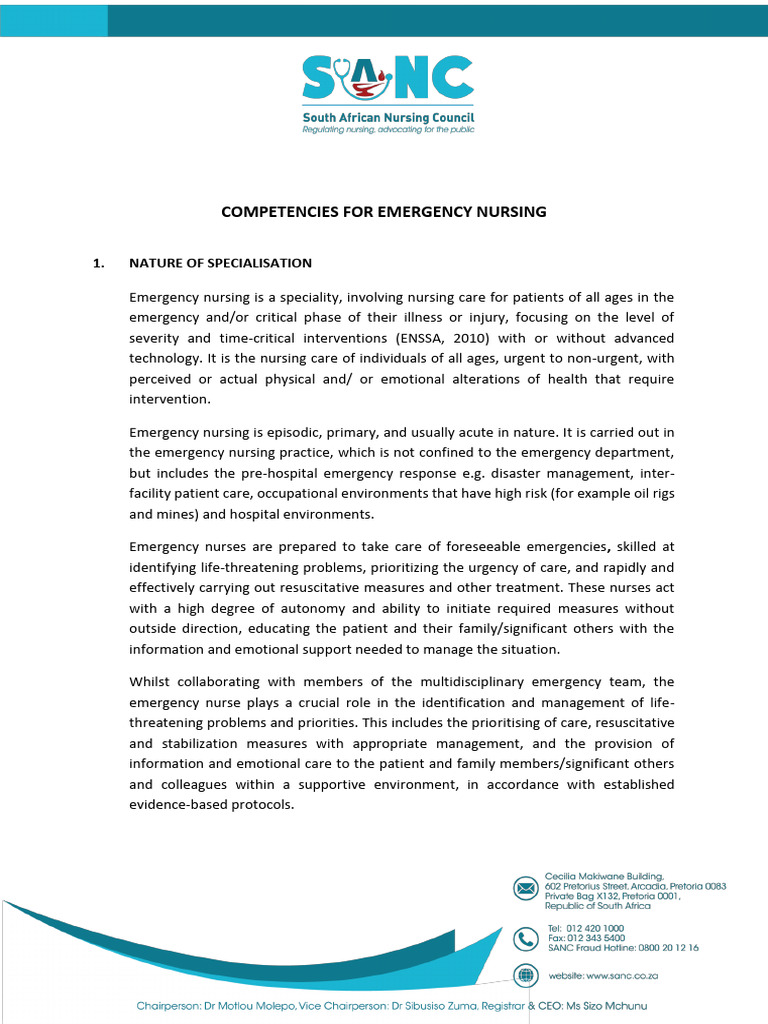 SANC Competencies Emergency Nurse | PDF | Emergency Department | Nursing