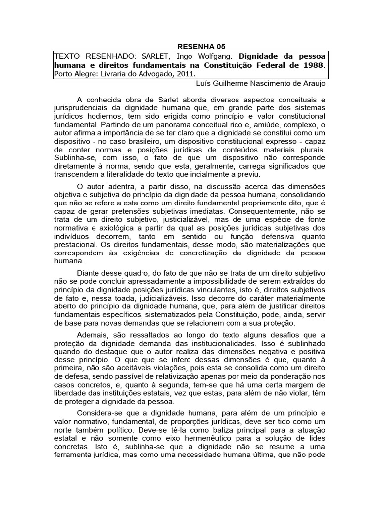 RESENHA 05 - SARLET, Ingo Wolfgang. Dignidade Da Pessoa Humana e ...