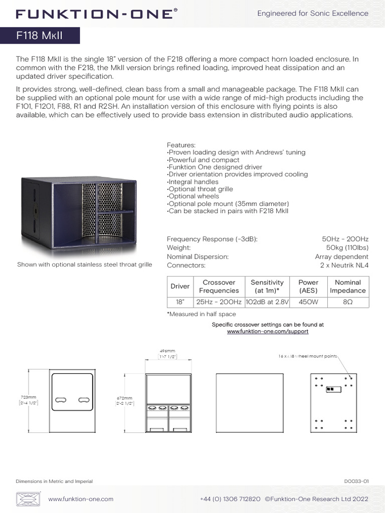 Funktion-One F118MkII Spec Sheet | PDF | Manufactured Goods | Electronics