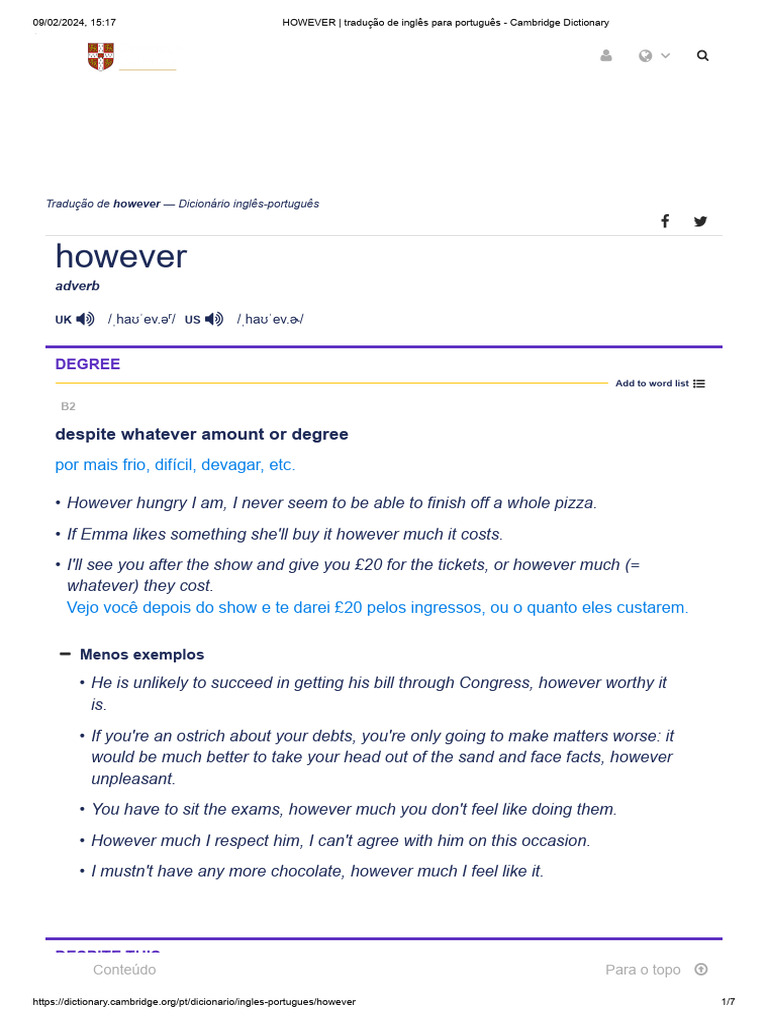 HOWEVER - Tradução de Inglês para Português - Cambridge Dictionary | PDF