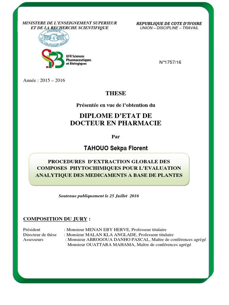 Diplome D'Etat de Docteur en Pharmacie: TAHOUO Sekpa Florent | PDF
