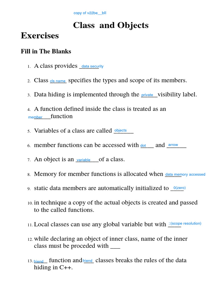 Class And Objects Answers Pdf Class Computer Programming Method 