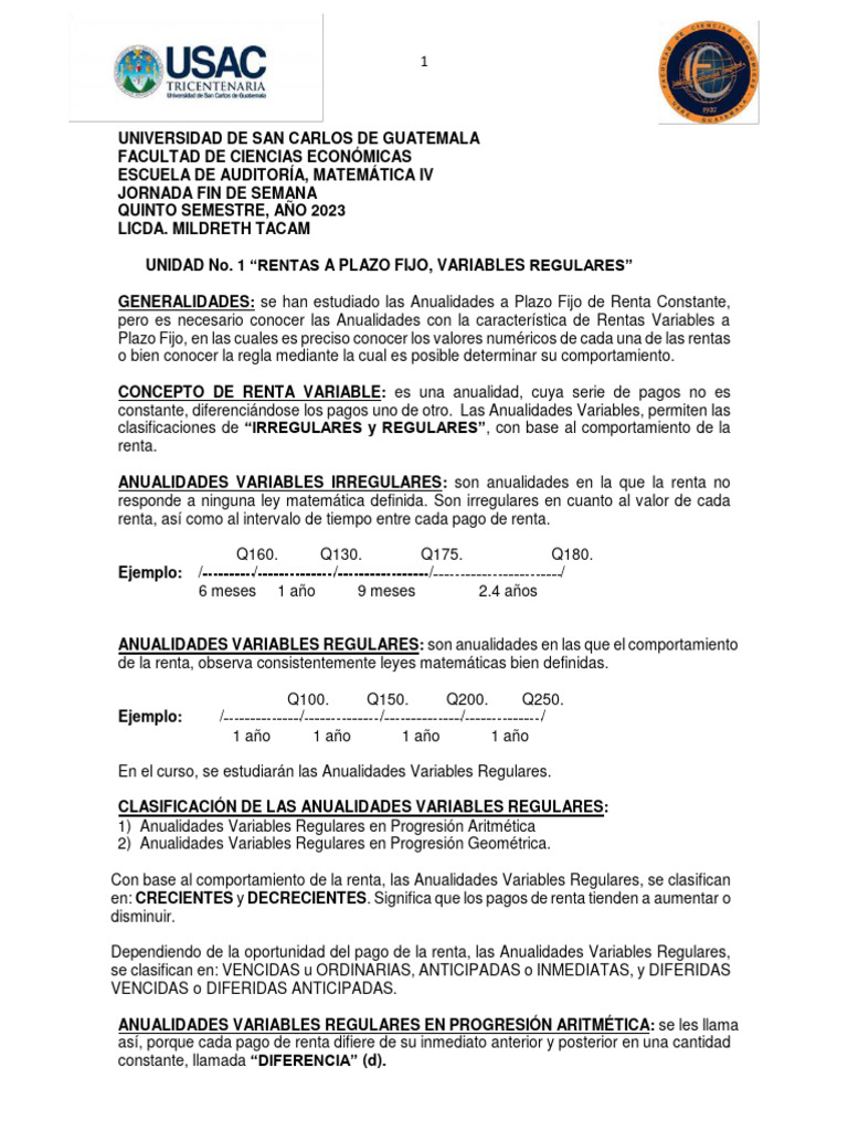 UNIDAD No. 1 MATE IV, ANUALIDADES EN PROGRESIÓN ARITMÉTICA Y GEOMÉTRICA | PDF