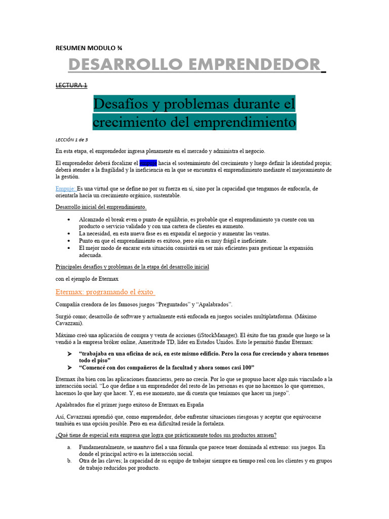 Resumen Desarrollo Emprendedor (Módulo 3 y 4) | PDF | Iniciativa empresarial | Business