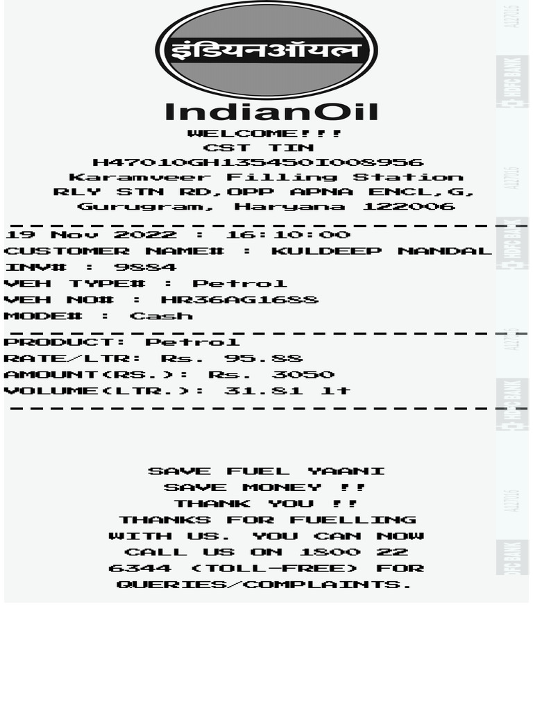 Karamveer Filling Station Fuel Receipt | PDF