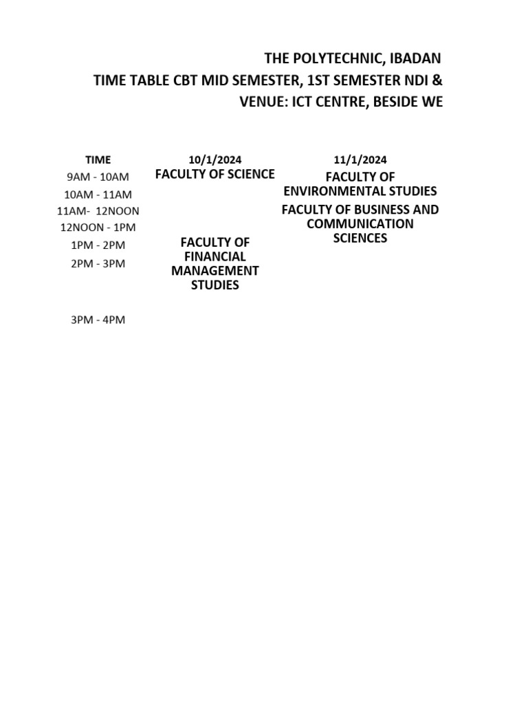 Polytechnic Ibadan Exam Schedule | PDF | Art | Technology & Engineering