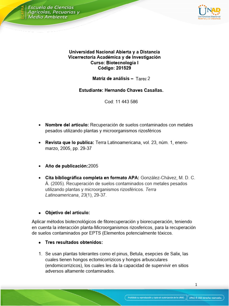 Matriz - Tarea 2 - Hernando - Chaves | PDF | Biotecnología | Naturaleza