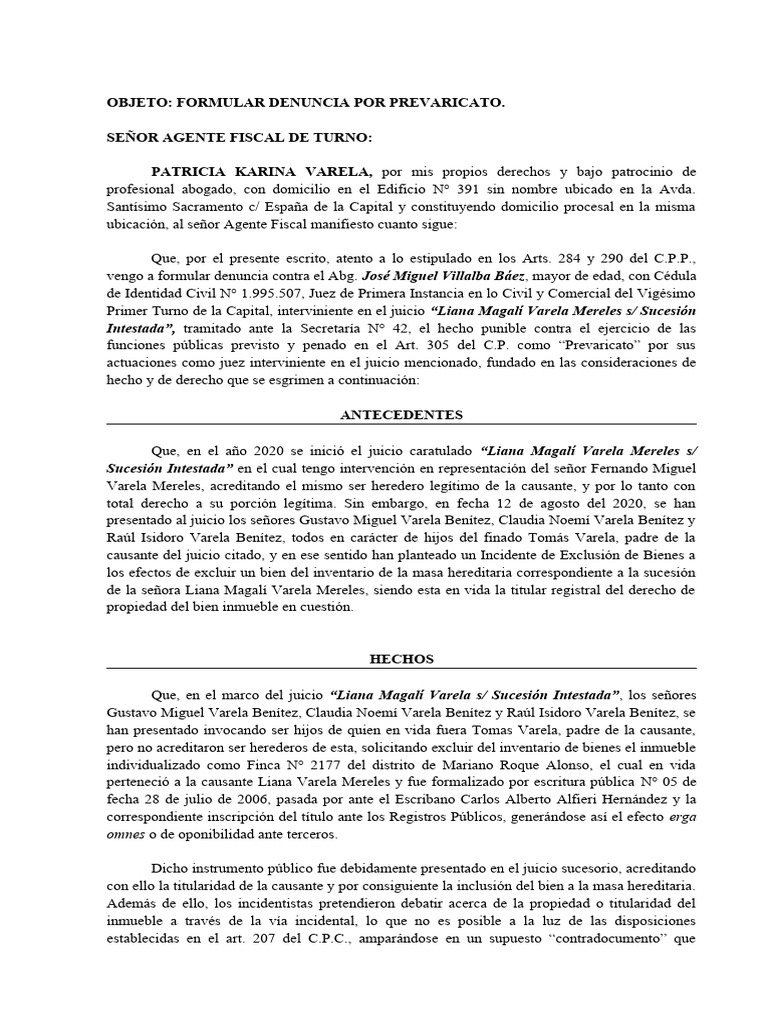 Denuncia Prevaricato - Sucesion Liana Varela | PDF | Derecho penal ...