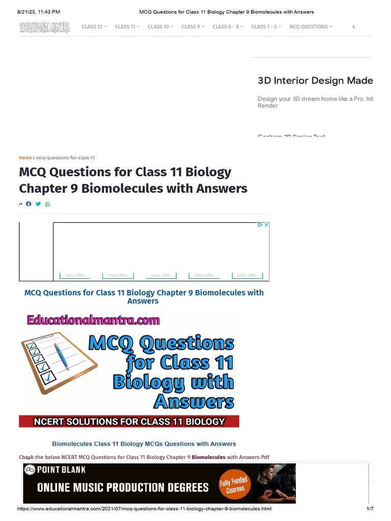 MCQ Questions For Class 11 Biology Chapter 9 Biomolecules With Answers ...