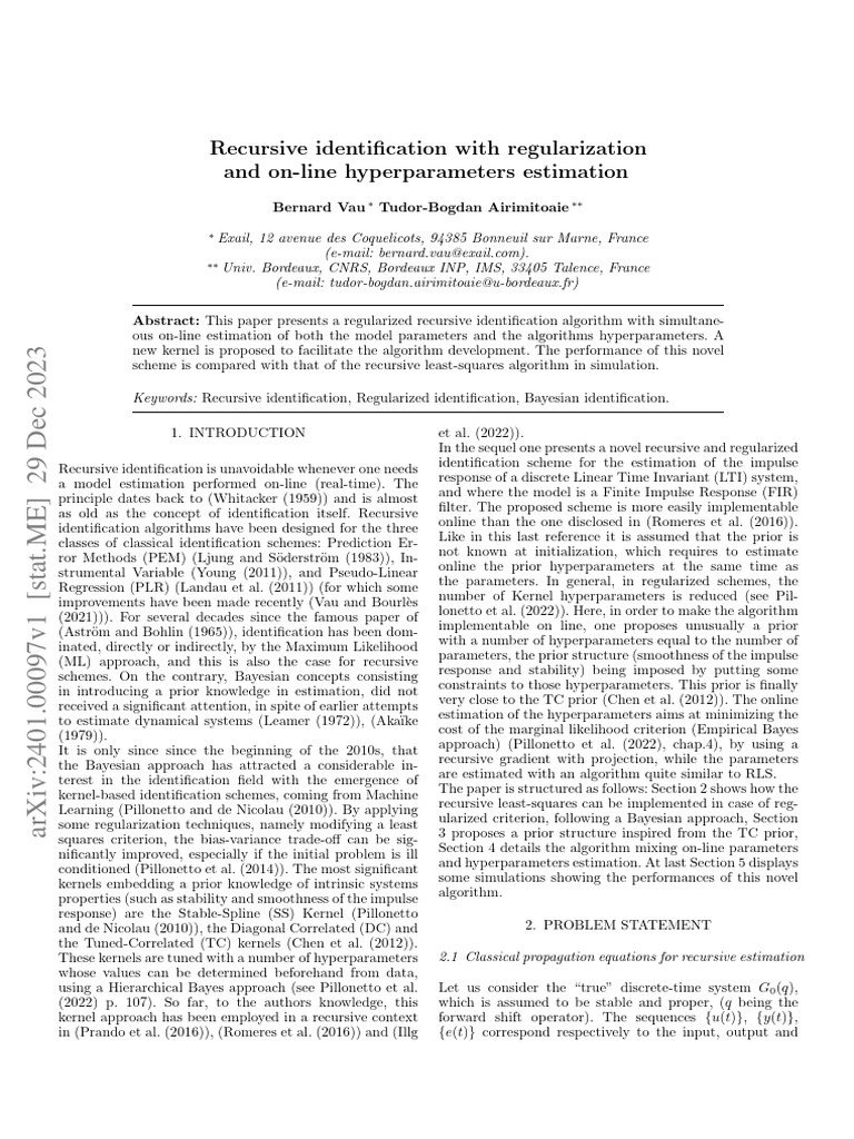 Recursive Identification With Regularization and On-Line Hyperparameters Estimation | PDF