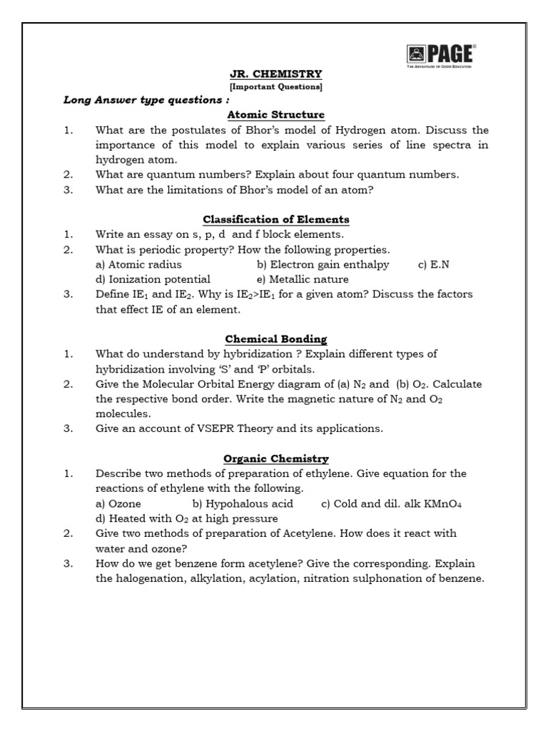 Important Chemistry Questions for Jr. Inter | PDF | Molecules ...