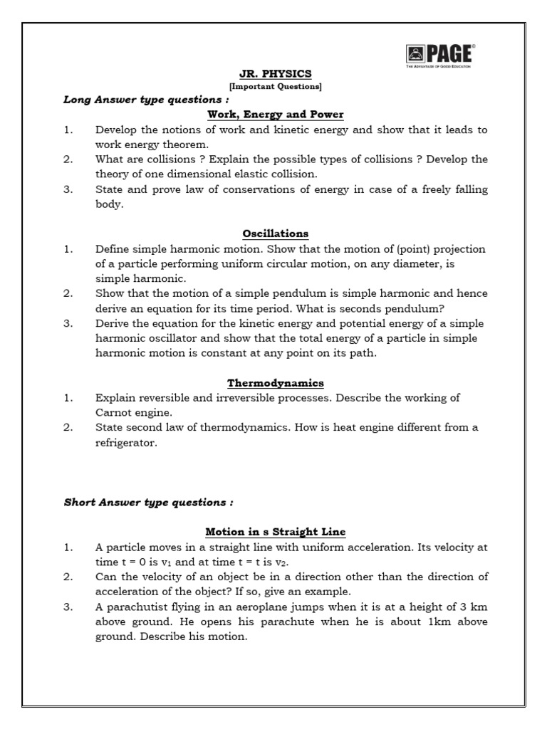 JR. Physics Important Qs | PDF | Acceleration | Gases
