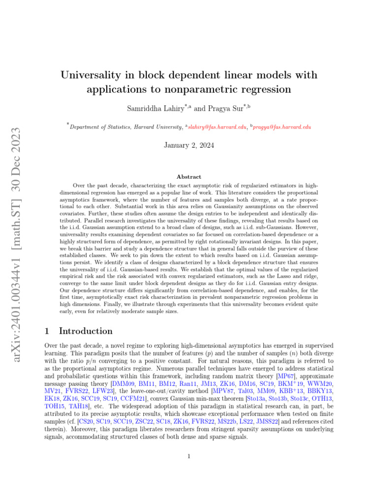 Universality in Block Dependent Linear Models With Applications To Nonparametric Regression ...