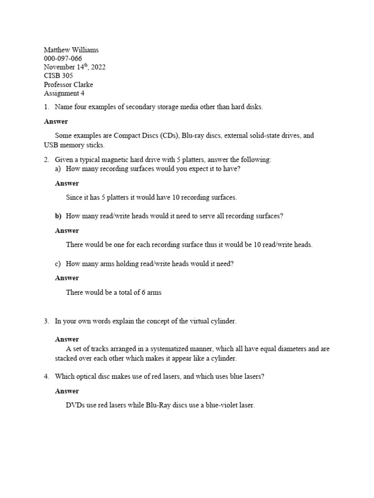 Matthew Williams CISB305 Fall 2022 Assignment 4 | PDF | Computer Data Storage | Computer File