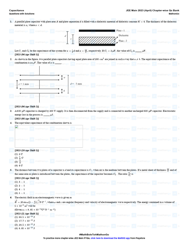 Capacitance - JEE Main 2023 April Chapterwise PYQ - MathonGo | PDF | Capacitance | Capacitor