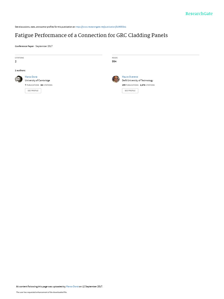 Fatigue Performance of A Connection For GRC Cladding Panels: September ...