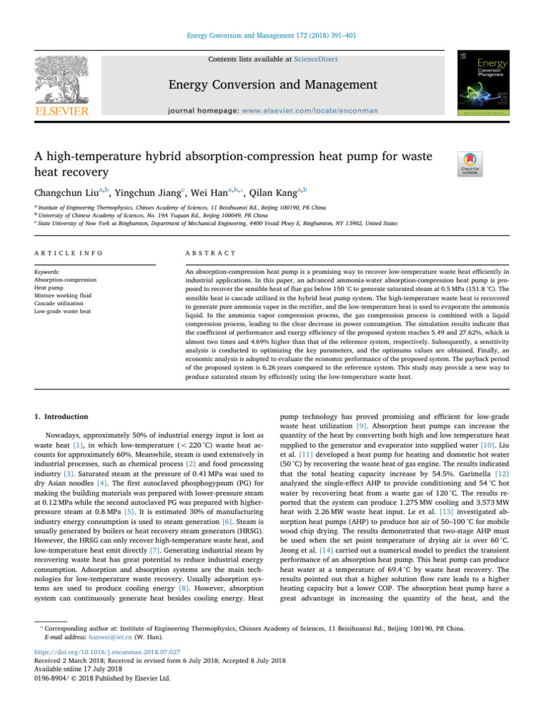 A High-Temperature Hybrid Absorption-Compression Heat Pump For Waste ...