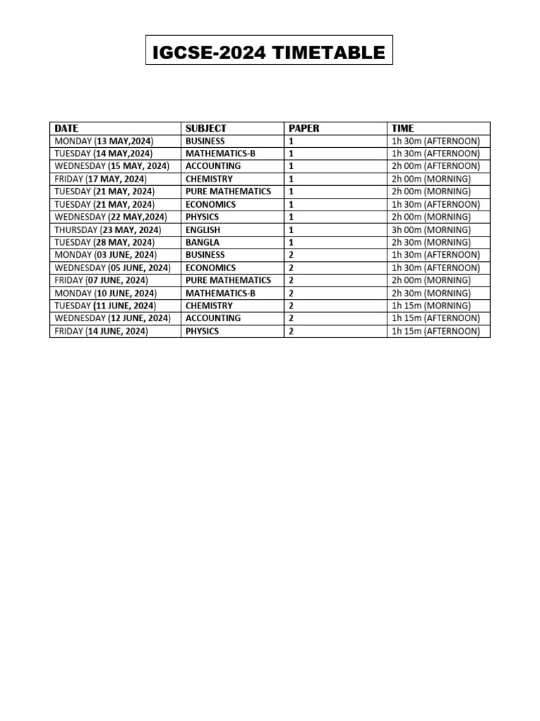 Igcse 24 Timetable Pdf