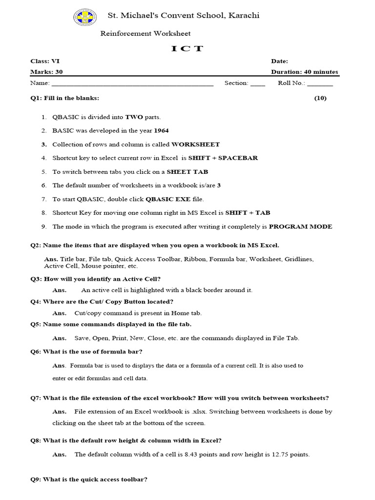 Reinforcement Worksheet - Solutions | PDF | Microsoft Excel | Spreadsheet