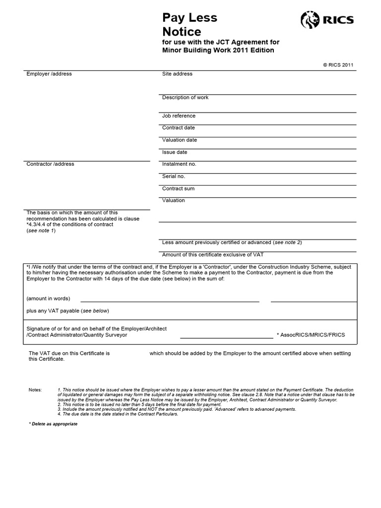 JCT 2011 Pay Less Notice Minor Works | PDF | Employment | Real Estate ...