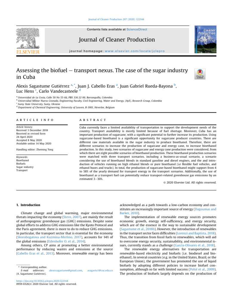 Assessing The Biofuel e Transport Nexus. The Case of The Sugar Industry ...