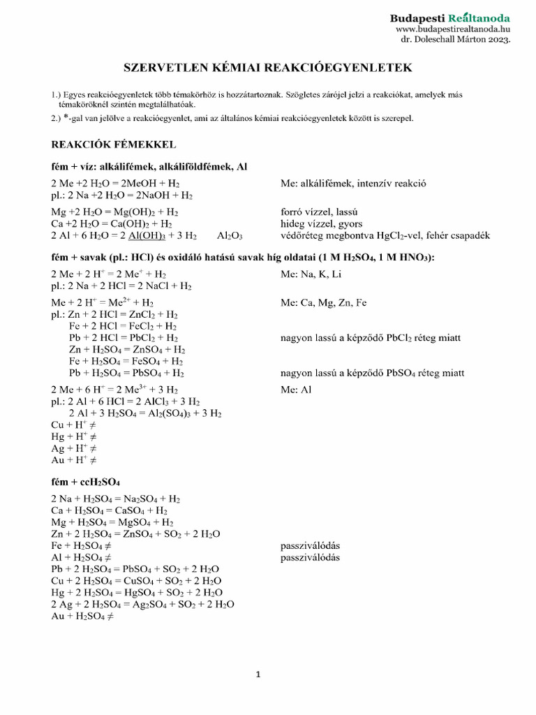 Reakcioegyenlet Szervetlen Emelt Kemia BR | PDF
