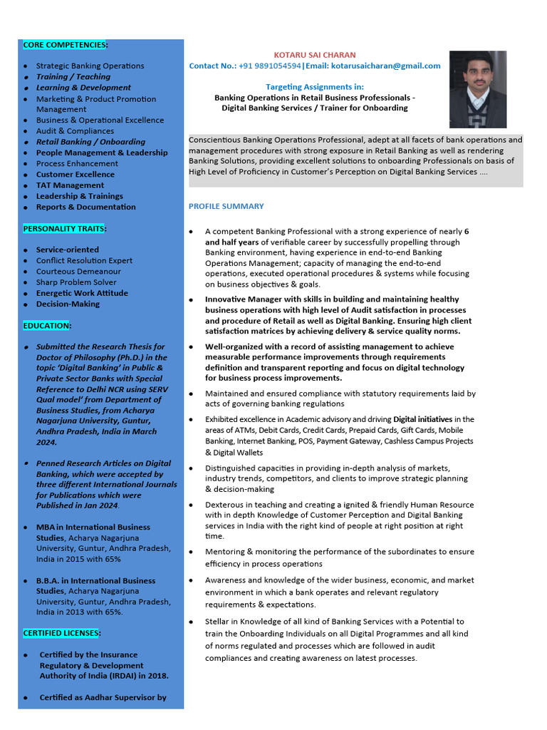 Curriculum Vitae For Banking Operations | PDF