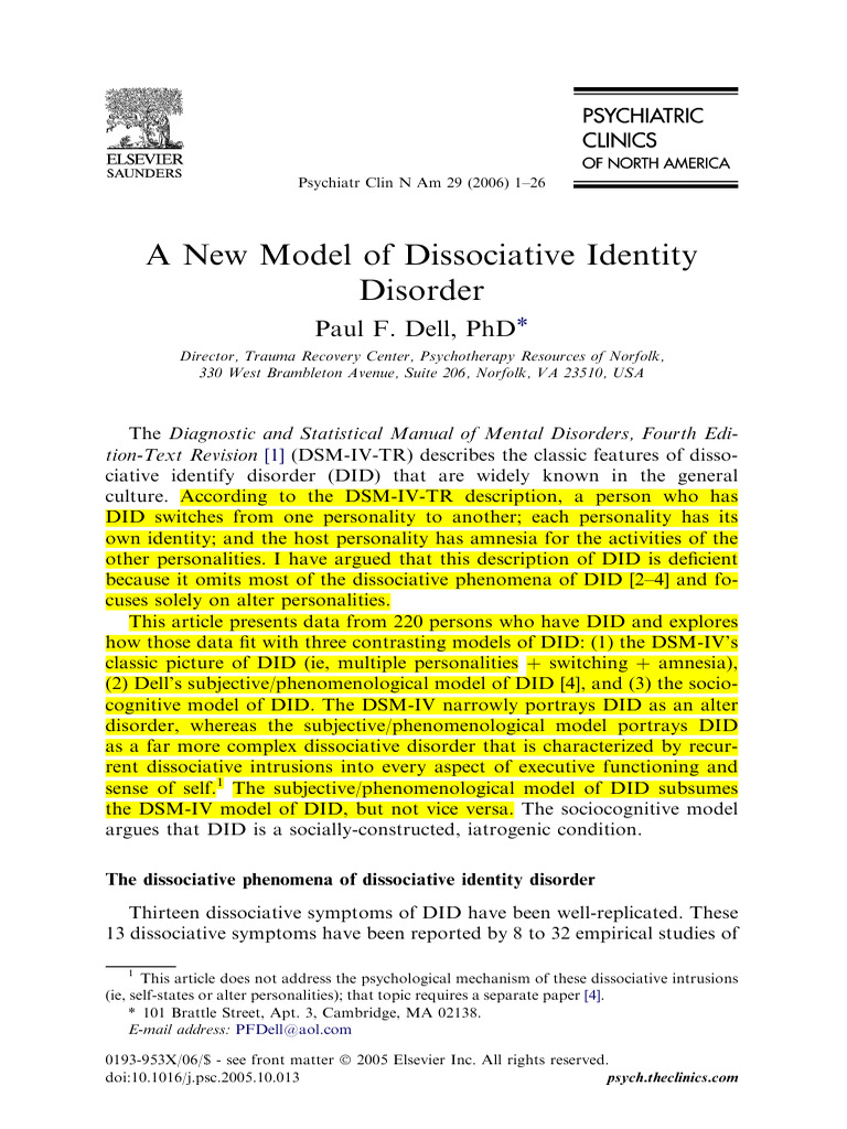 A New Model of Dissociative Identity Dis | PDF | Dissociation ...