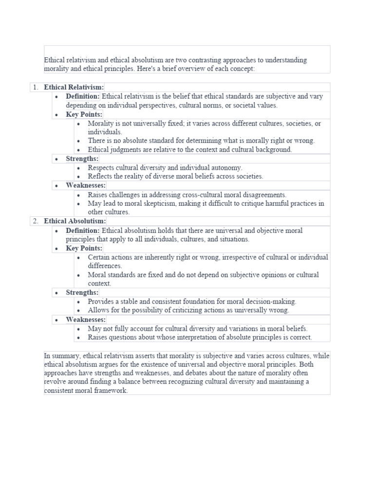 Ethical Relativism and Ethical Absolutism Are Two Contrasting Approaches To Understanding ...