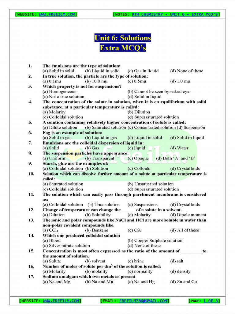 9th Chemistry Ch6 MCQ's | PDF