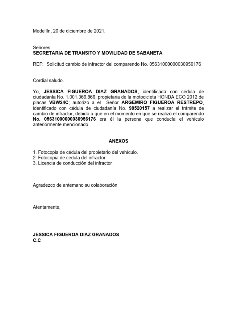 Carta para Cambio de Infractor | PDF