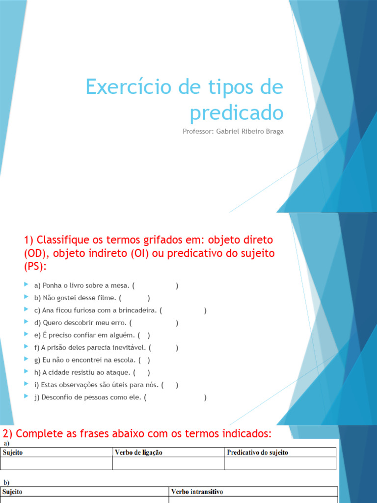 Exercício de Tipos de Predicado | PDF | Assunto (gramática)