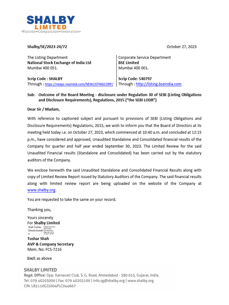 Shalby Limited Q2 FY2023-24 Financial Results | PDF | Equity (Finance ...