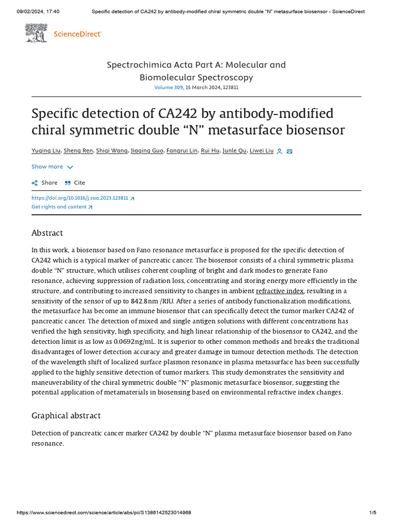 Specific Detection of CA242 by Antibody-Modified Chiral Symmetric Double "N" Metasurface ...