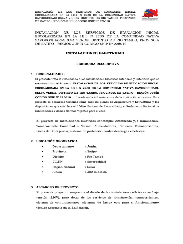 Memoria Descriptiva Instalaciones Electricas | PDF | Enchufes y tomas de corriente alterna ...