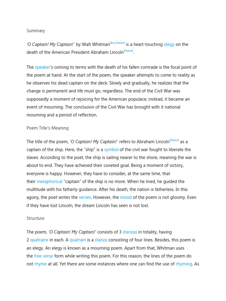 O Captain! My Captain! Summary Explan | PDF | Poetry | Poetics