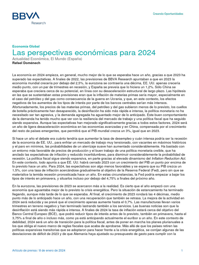 Rafael Domenech Las Perspectivas Economicas para 2024 Actualidad Economica El Mundo WB | PDF ...